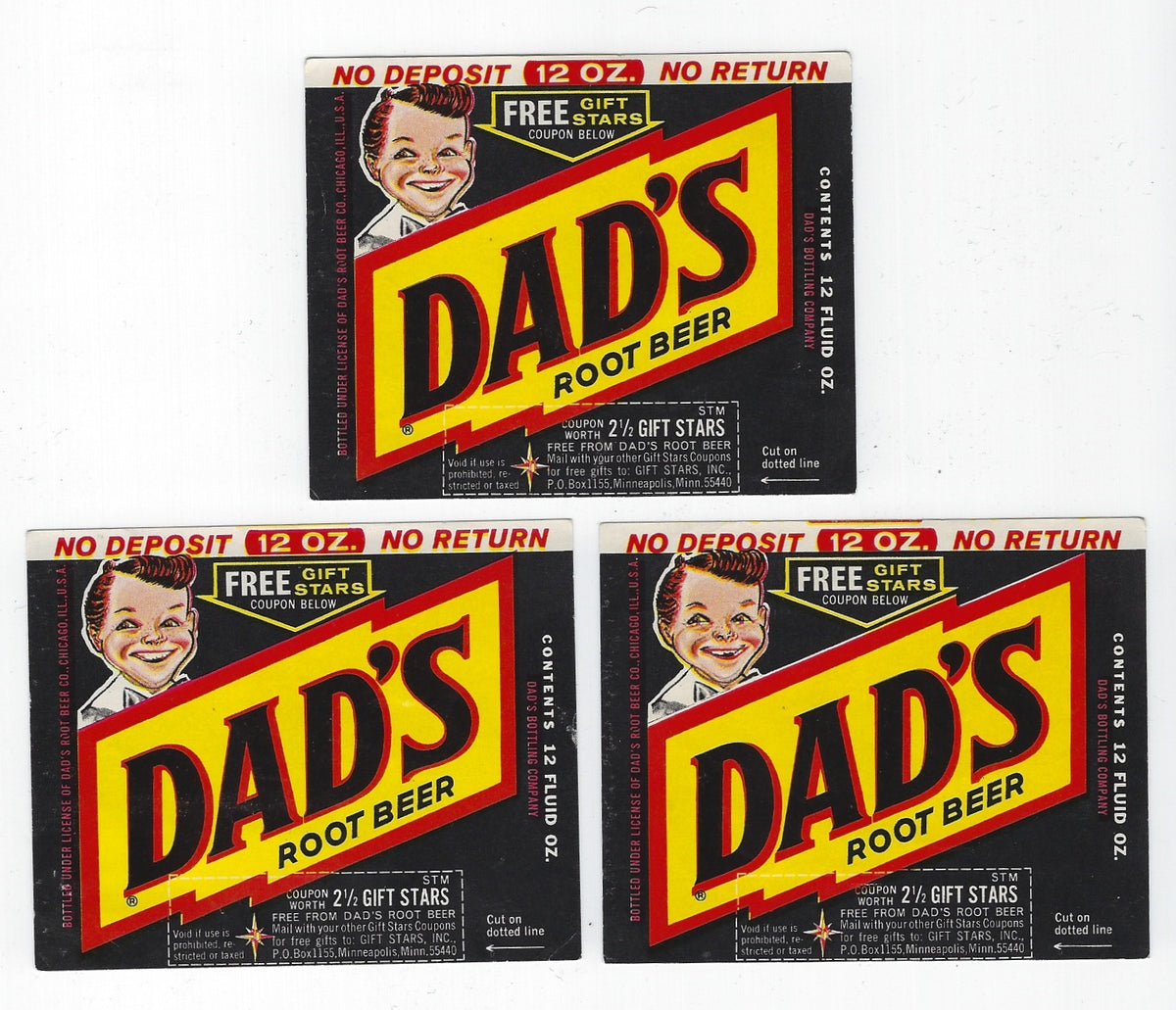 SET OF 3 VINTAGE 1970'S DAD'S ROOT BEER PAPER LABELS--12OZ BOTTLE--NEV ...