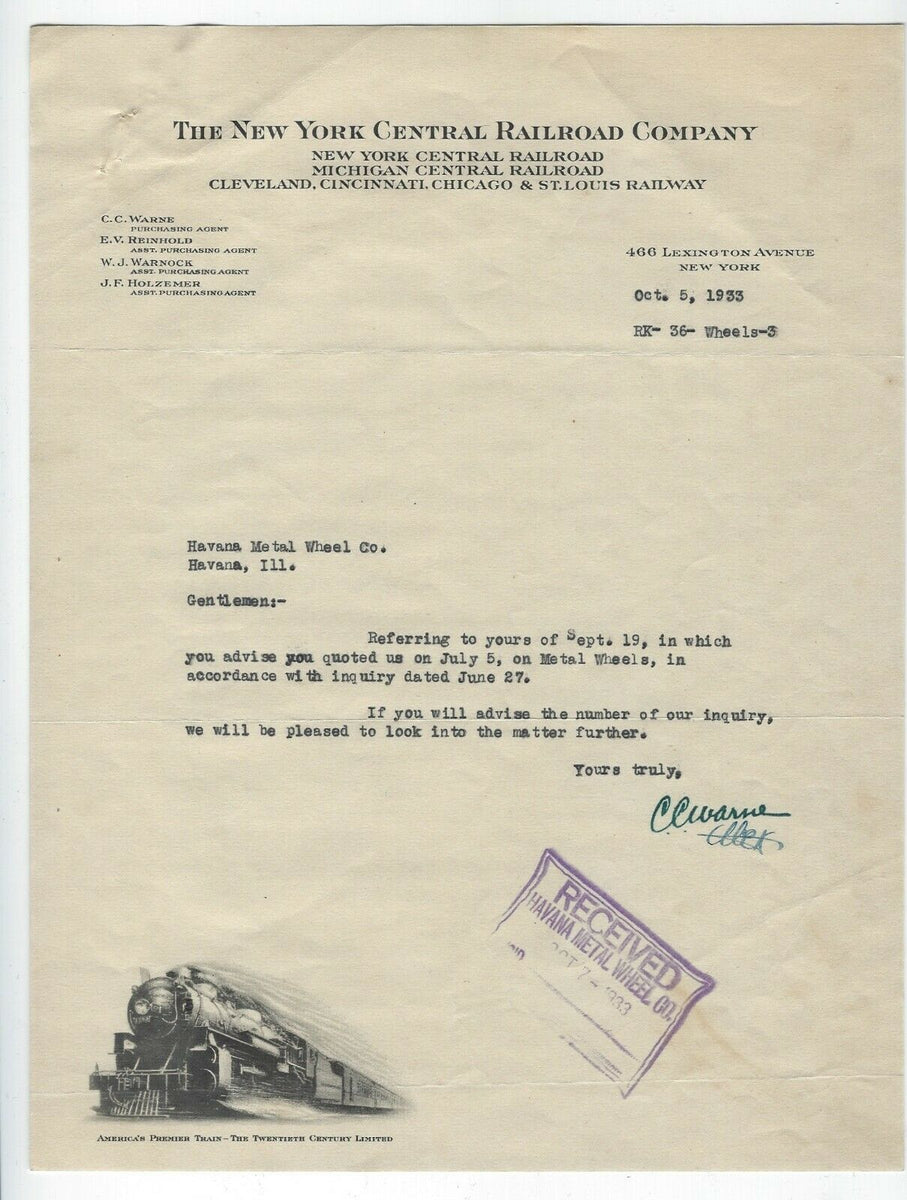 VINTAGE 1933 NEW YORK CENTRAL RAILROAD LETTER--CC WARNE SIGNED ...