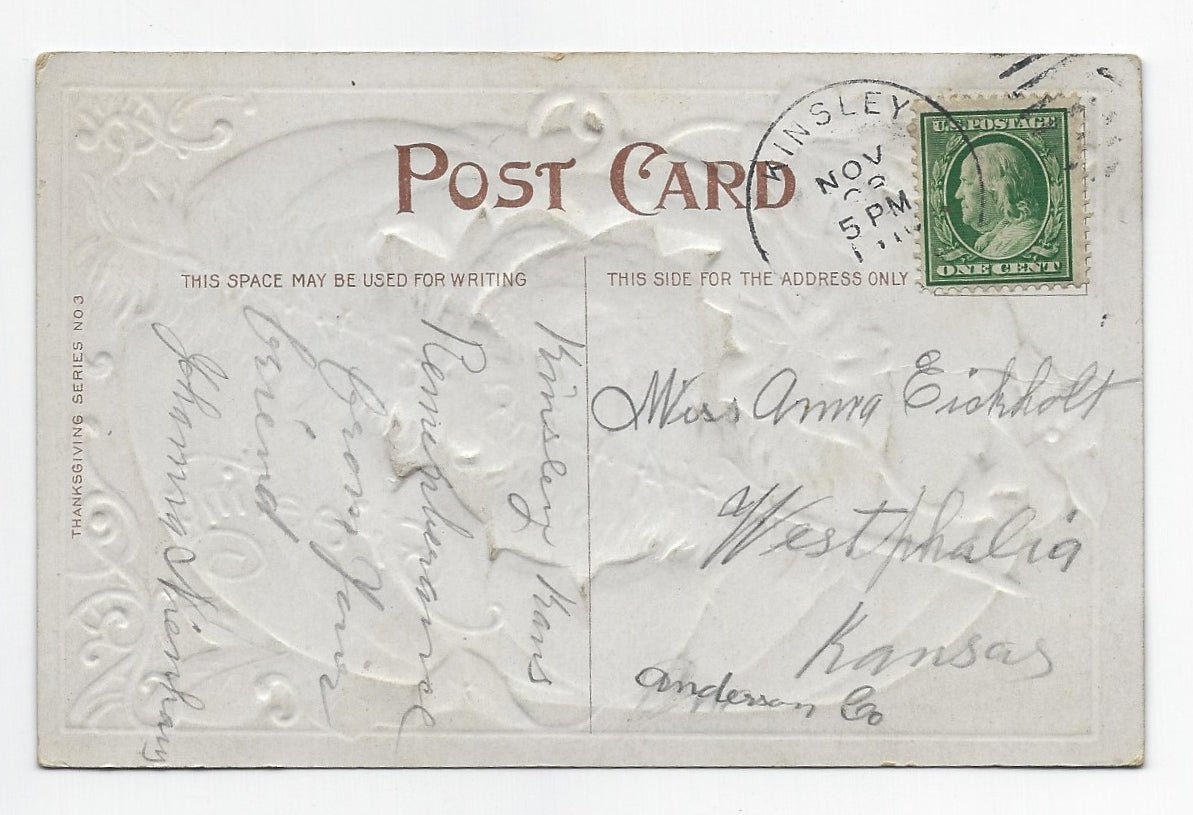 VINTAGE 1900'S THANKSGIVING GREETINGS EMBOSSED POSTCARD--TURKEY INSIDE ...